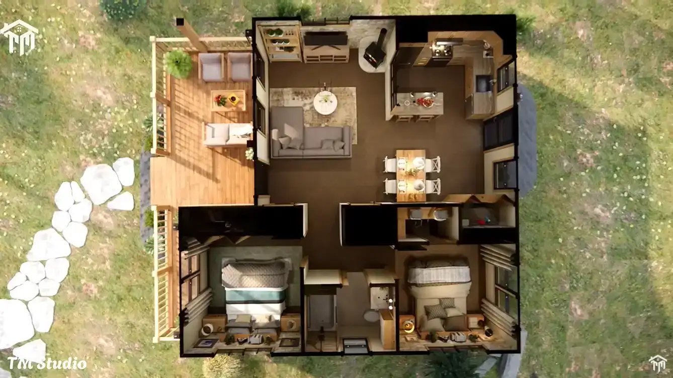 TMS-009-CF1 | 2-Bedroom - TM Studio - Small House Design